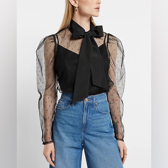 Express | Tops | Express Black Sheer Tie Front Blouse | Poshmark